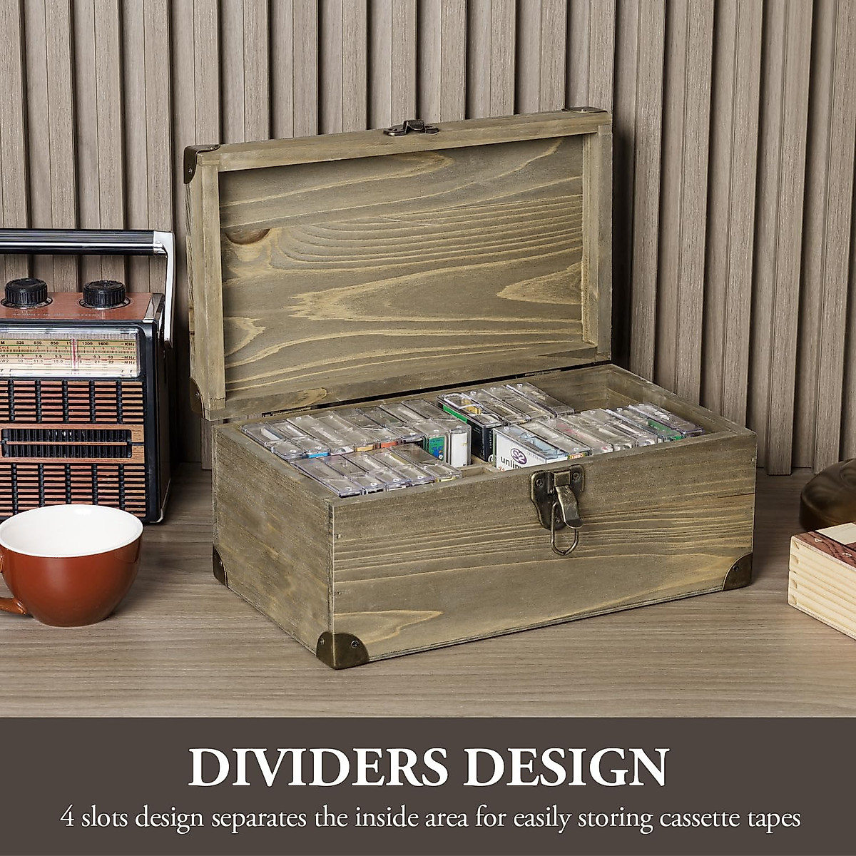 MyGift Vintage Gray Brown Wood Retro Audio Cassette Tape Storage Box with Antique Brass Tone Metal Latch and Brackets, 4 Compartments Hold up to 32 Tapes