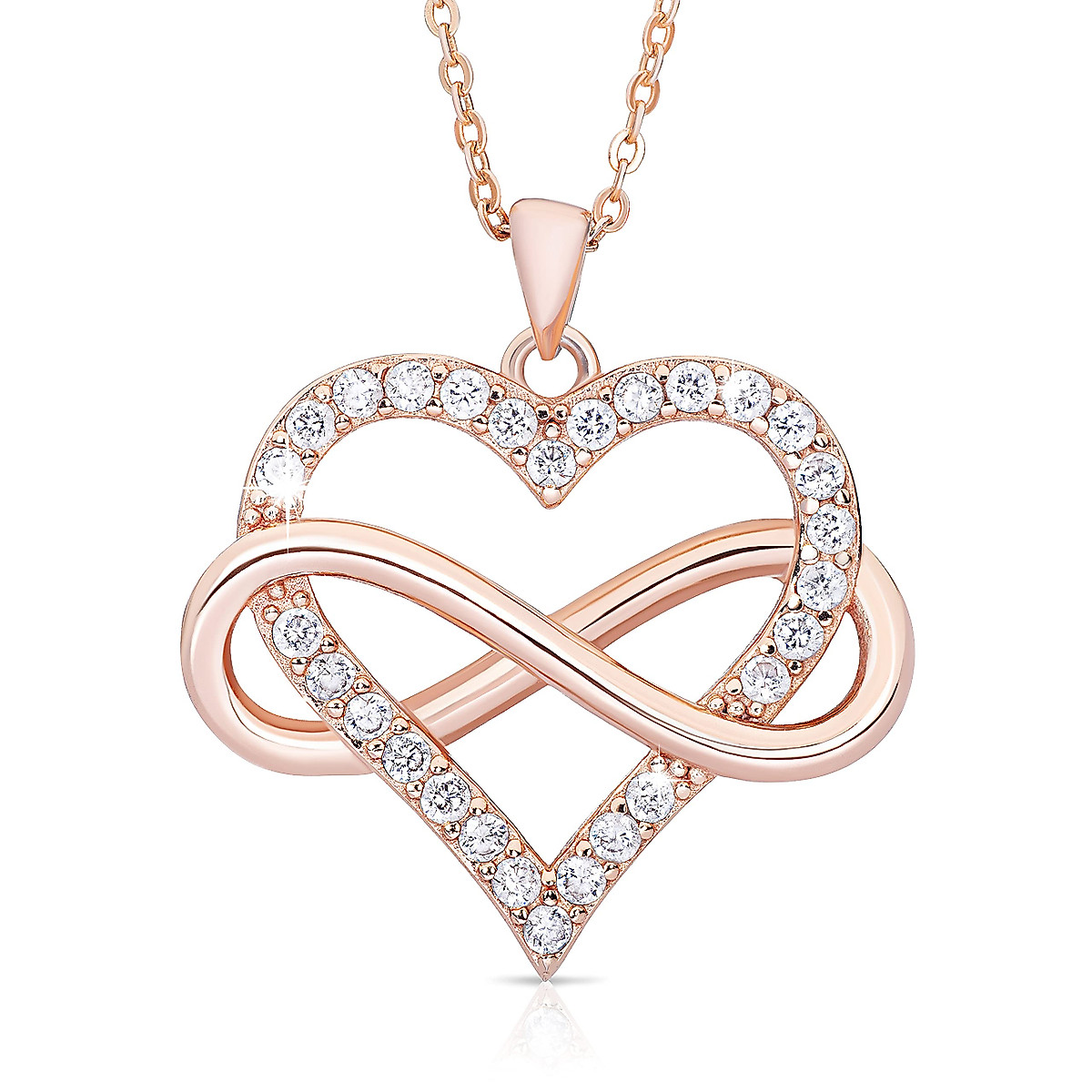 Sash & Soph Infinity Heart Necklace for Women. Rose Gold Plated 925 Sterling Silver Heart Necklace for Girlfriend, Love Heart Pendant on 18" Chain with 2" Extender