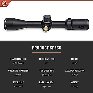 Athlon Optics , Neos , Riflescope , 4-12 x 40 Second Focal Plane (SFP) 1" Tube, Center X Reticle , Black