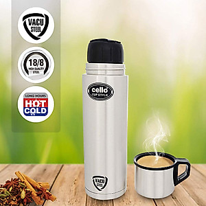 Cello Cup Style Stainless Steel Flask, Silver (Silver, 1 LTR)