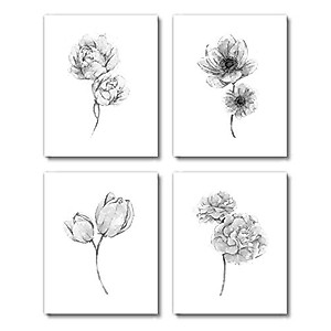 Brooke & Vine Botanical Prints Wall Art - (UNFRAMED 8 x 10) Minimalist Black and White Boho Decor, Bohemian Living Room Bedroom Bathroom Entry Way Office (Black and White Florals)