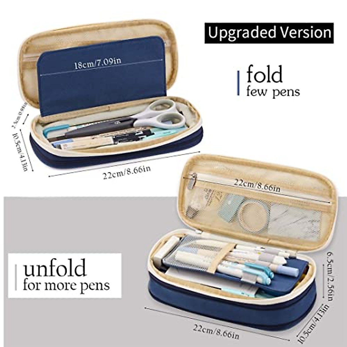 Eaarliyam Pencil Case,Expandable Pencil Case, Large Capacity Pencil Cases Pen Bag Pouch Holder School Stationery Organizer Makeup Cosmetic Bag,Navy+Beige Aesthetic Pencil Case