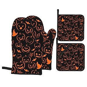 Pnnuo Oven Mitts and Pot Holders Set of 4, Halloween Pumpkin Cotton Lining with Non-Slip Hot Pads, Heat Resistant Microwave Gloves for Cooking Baking Grilling BBQ Decorative Kitchen