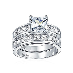 Personalize Traditional 2CT Brilliant Princess Cut Solitaire Side Stonecat CZ Square Anniversary Band Engagement Wedding Ring Set For Women .925 Sterling Silver Custom Engraved