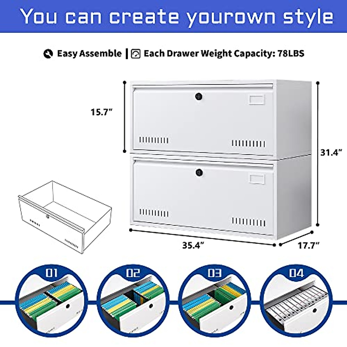 Petonline Lateral File Cabinet 2 Drawer Metal Lateral Filing Cabinet with Smart Lock, Wide Filing Organization Storage Cabinets, Home Office Furniture for Letter/Legal/F4/A4 Size Files