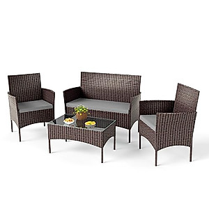 PHI VILLA 4 Pieces Outdoor Furniture Set, Wicker Loveseat & Chairs with Thick Gray Cushions & Glass Coffee Table, Modern Sectional Conversation Sofa Set for Patio, Deck, Yard, Porch