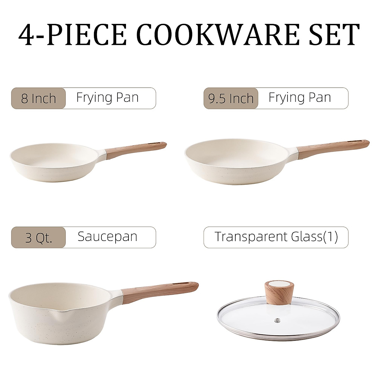 Pots and Pans Set Nonstick - YIIFEEO 4 Piece Granite Kitchen Cookware Sets 8" & 9.5" Non Stick Frying Pan Set and 3 Qt Sauce Pan with Lid, Induction Cookware PFOA Free Pans for Cooking Pasta Pot Gifts