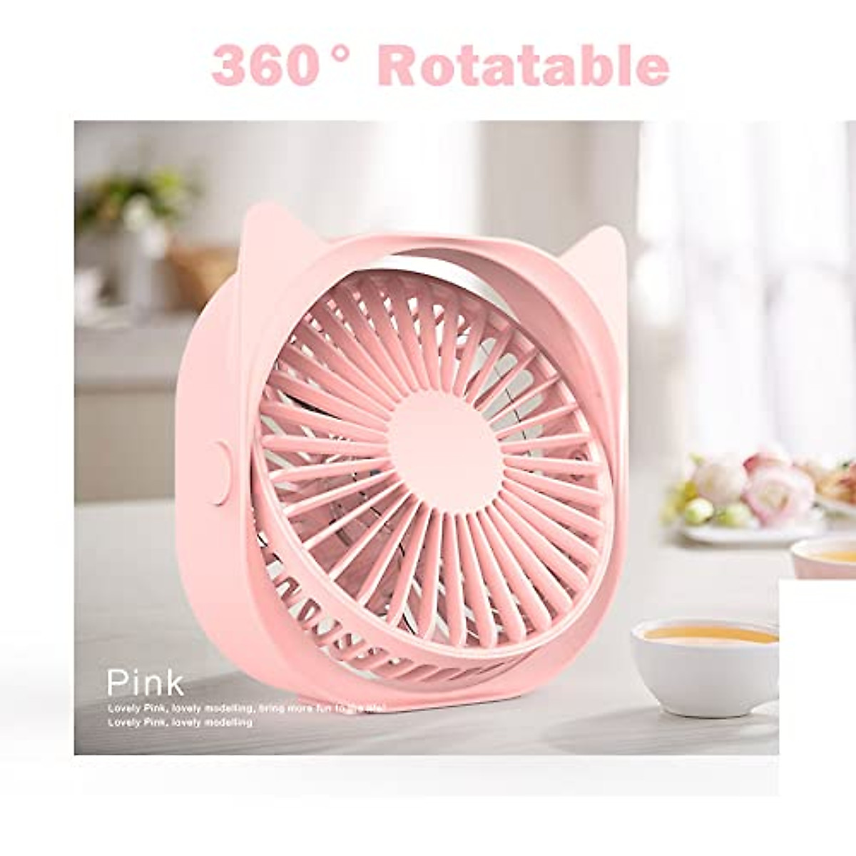 USB Desk Fans Small Quiet - Mini Cute Desk Fan USB Powered 3 Wind Speeds 360° Rotatable Portable Personal Little Table Fans for Home Bedroom Nightstand Office Work Desktop Dorm (Pink)