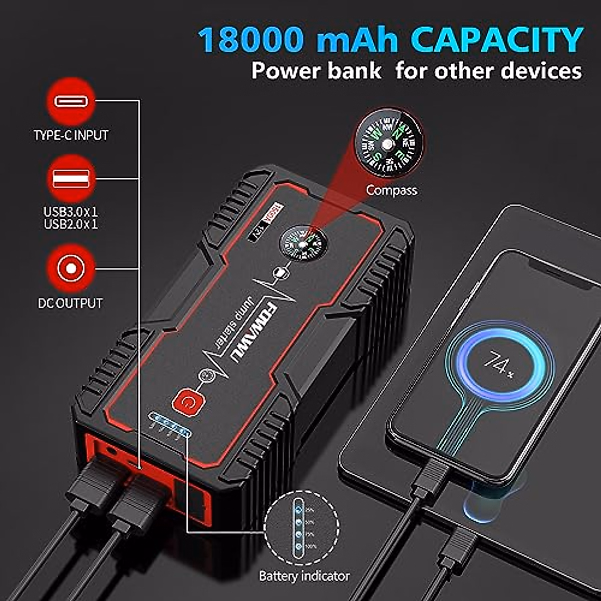 FOWAWU Car Jump Starter 1500A Peak 18000mAh Portable Jump(Up to 7.0L Gas and 5.5L Diesel), Battery Car Jump Battery Booster Pack with Smart Safety Jumper Cable, LED Light USB DC 12V Output
