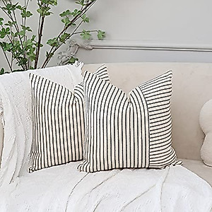 Hckot Black and Beige Patchwork Farmhouse Throw Pillow Covers 18 x 18 Inch, Pack of 2 Striped Linen Decorative Pillow Case for Sofa Couch Chair Bedroom Modern Decor(Black)