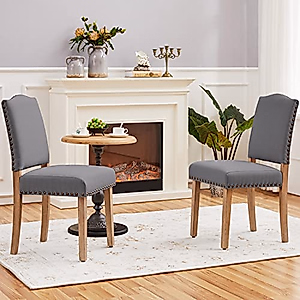 Yaheetech Dining Chairs Fabric Side Chair with Solid Wood Legs Parson Chairs with Nailhead Trim for Home Kitchen Living Room, Dark Gray, 6pcs