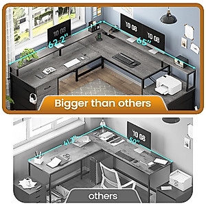 SEDETA L Shaped Desk with 6 Drawer, 108" Home Office Desk with File Drawer & Power Outlet, Corner Computer Desk with Monitor Shelf, Two Person Desk, Gaming Desk with Led Lights, Grey