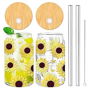 Whaline Glitter Sunflower Beer Can Glasses with Bamboo Lids and Straw Summer Sunflower Drinking Glasses Iced Coffee Cup for Holiday Travel Cocktails Whiskey Beer Soda Gifts, 2Pcs