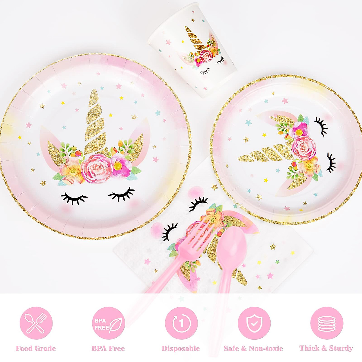 DECORLIFE Unicorn Plates and Napkins Set Serves 16, Unicorn Party Supplies for Girls Birthday, Baby Shower, Cups, Knives, Forks, Spoons Included, Total 112PCS