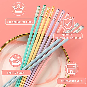 Chopsticks Reusable Dishwasher Safe, 9.63 inch/24.3cm Fiberglass Non-Slip Chop Sticks, Chinese/Japanese Chop Sticks for beginners, Sakura Chopsticks Colorful- 5 Pairs