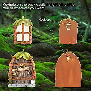 Gearific Fairy Door and Window for Trees with Light 5 Pcs Miniature Fairy Garden Kit, Glow in The Dark Yard Fairy Door for Kids Room, Wall and Trees Outdoor, Fairy Garden Accessories