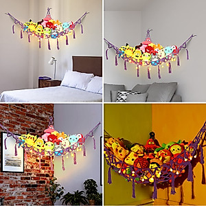 KOHUIJOO Stuffed Animal Net or Hammock Macrame Toy Hammock for Stuffed Animals With Lights Plush Toy Storage Hammock Corner Hanging Mesh Net Boho Nursery Organizer for Kidroom Playroom Purple