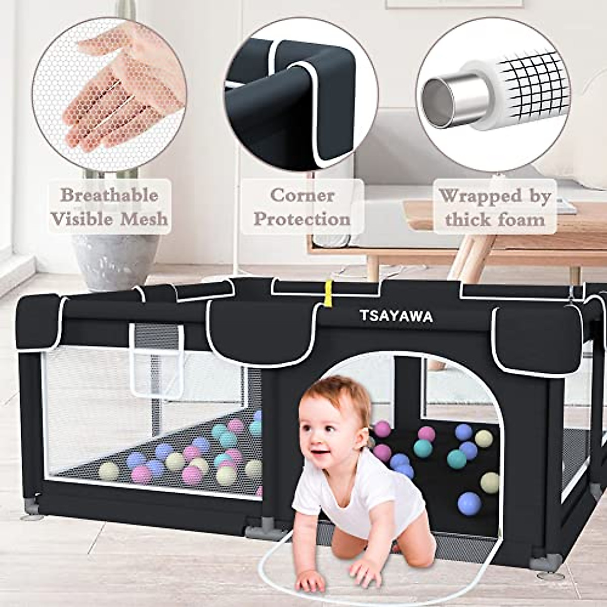 Extra Large Baby Playpen for Babies Toddlers 71"X79" -Portable Big Baby Playard with 2 Door for Indoor - Black Baby Play Yard Fence with 50 Ocean Balls 2 Pull Rings A Storage Bag