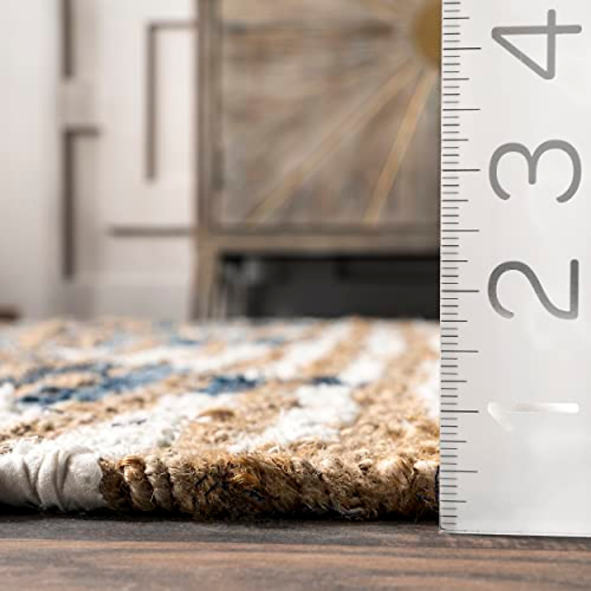nuLOOM Hand Braided Marla Denim And Jute Diamonds Runner Rug, 2' 6" x 8', Off-white