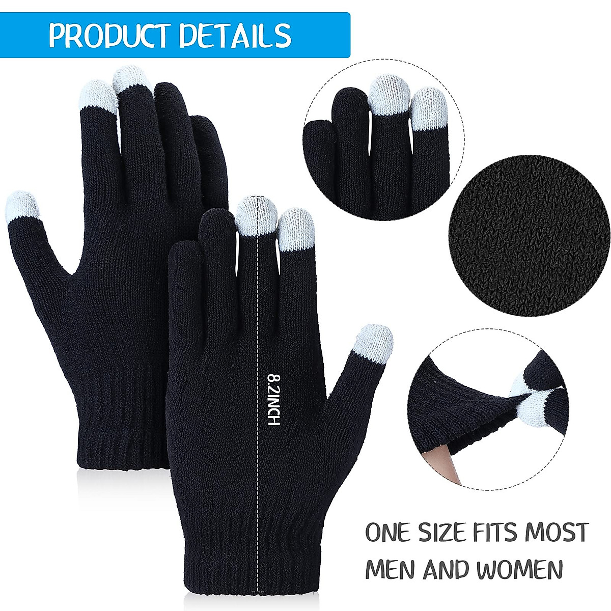 Handepo 24 Pairs Touchscreen Gloves Bulk Stretch Knitted Texting Gloves Warm Mittens Winter Accessories for Women Men (Black)