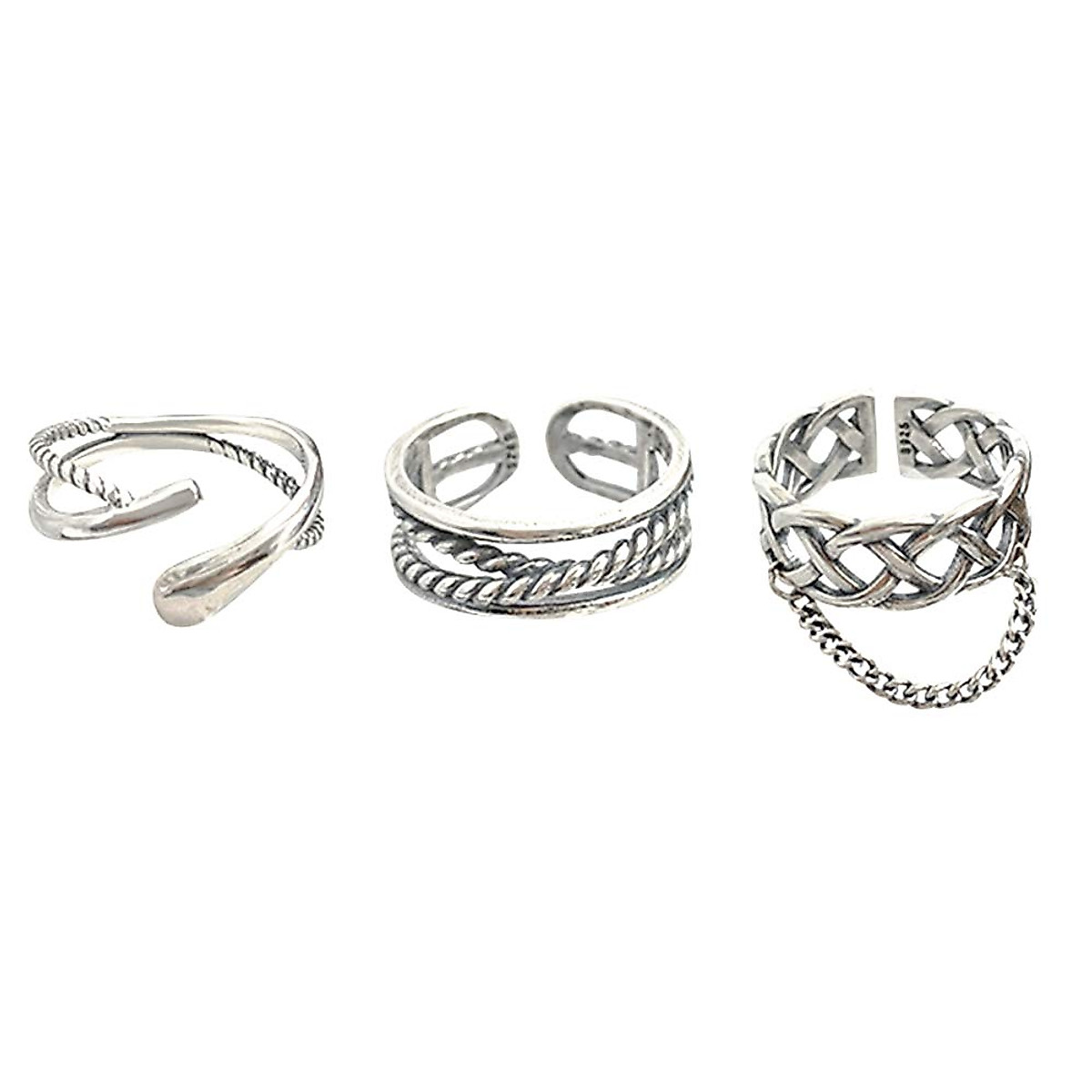 Jemant Ring For Women Adjustable Silver Hip Hop Kpop Fashion Twist Chain Rope Unique 3 Pc Stacked Ring Set (Silver)