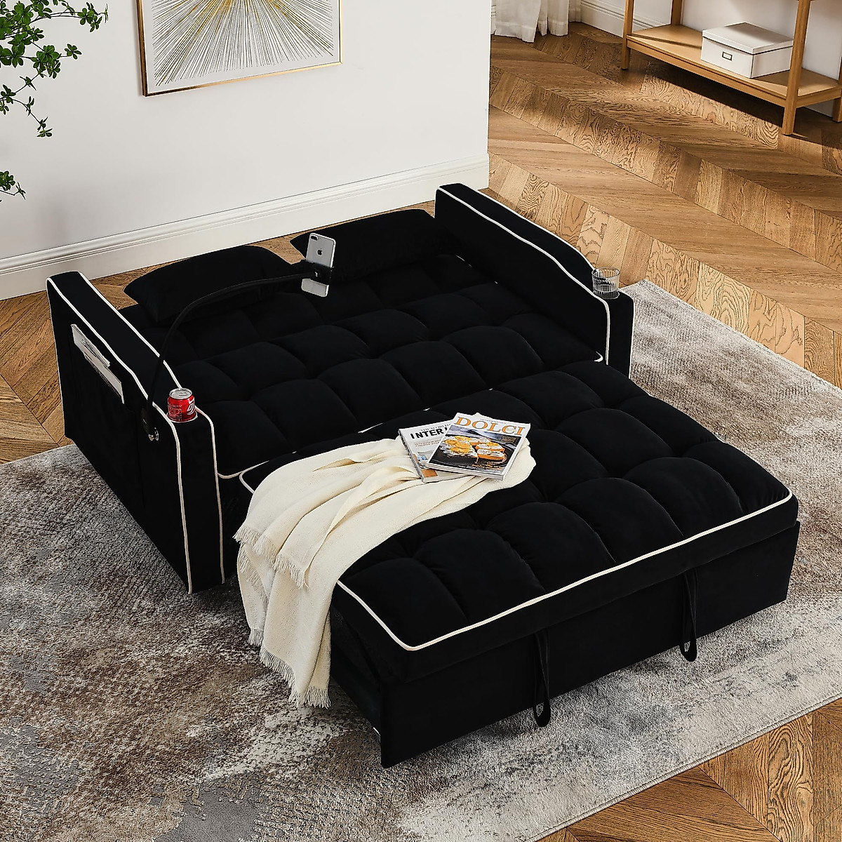 Bellemave Foldable Sofa Bed with Phone Holder, Pull Out Velvet Loveseat Sleeper with 2 USB Charging Ports, Modern Futon Couch with Cup Holders and Adjustable Backrest, for Living Room, Black
