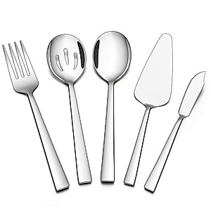E-far 5-Piece Serving Utensils, Stainless Steel Square Edge Hostess Serving Set for Buffet Party Kitchen Restaurant, Mirror Finished & Dishwasher Safe