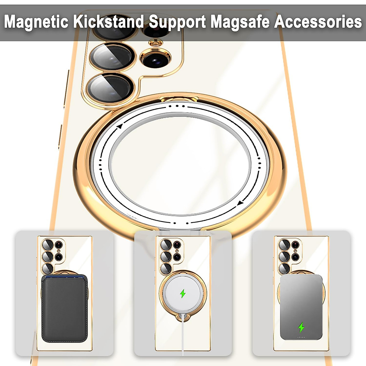 Dinick for Samsung Galaxy S22 Ultra Case with Magnetic Ring Holder [Compatible with Magsafe] [Built-in Camera Lens Protector] Glitter Electroplated Gold Sides Case for Galaxy S22 Ultra White