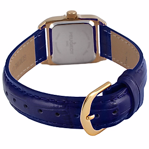 Peugeot Women's 14K Gold-Plated Tank Crystal Bezel Roman Numeral Blue Leather Band Watch 3052BL