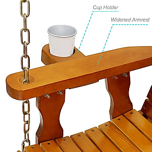 4FT Wooden Porch Swing w/Cupholders,Heavy Duty 800LBS Outdoor Swing Bench w/Chains,Patio Roll Back Swing Chair Bench,Front Porch 2-Person Hanging Bench,for Garden Courtyard Lawn & Balcony Backyard