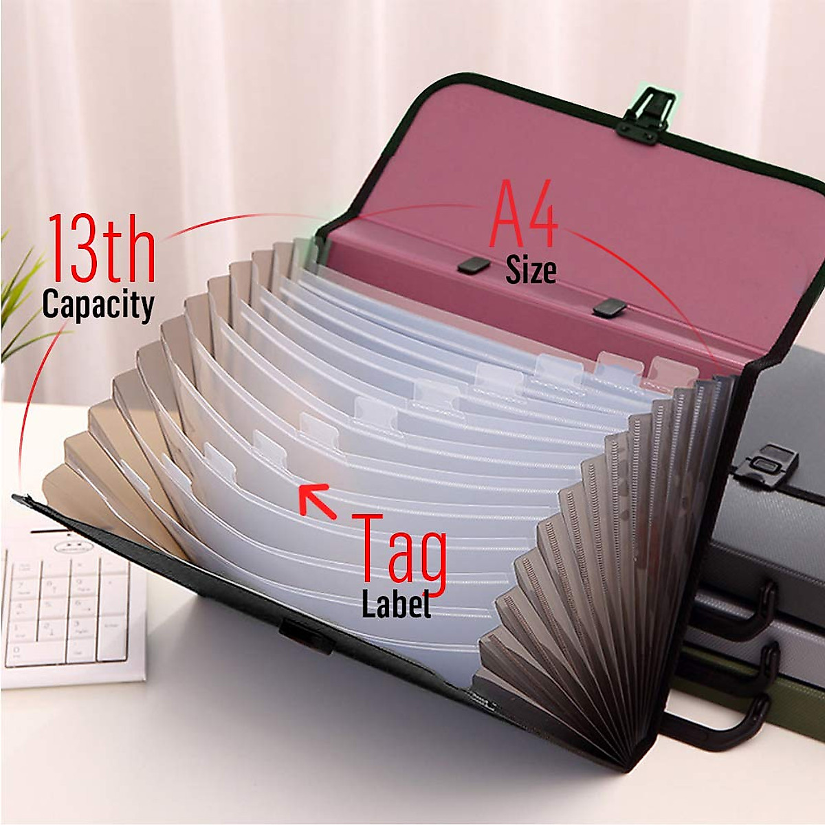 Expanding File Folder with Handle, 2019 New 13-Pocket Plastic Expandable File Organizer, A4 Size Waterproof & Durable Accordion File Organizer for School, Office（Red）