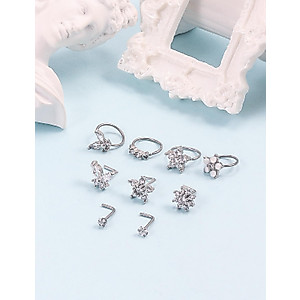 Pnsgisr Nose Rings Studs Hoops Piercings Jewelry for Women Men 20g 20 Gauge Silver Surgical Stainless Steel l Shaped Shape Stuf Bar Big Hypoallergenic Butterfly Nostril Aretes Para La Nariz