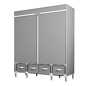 ASSICA Portable Clothes Closet Rolling Door Wardrobe with Hanging Rack Non-Woven Fabric Storage Organizer with Four Drawer Boxes No-Tool Assembly - 59.0 x 17.7 x 67.0 ‘’ (Gray)