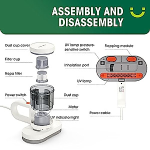 Mucheed Bed Vacuum Cleaner Mattress Vacuum Cleaner with 12Kpa Powerful Suction and Light Weight,Corded Handheld UV Vacuum Cleaner High Frequency Double Beat for Bed,Sheets,Sofa,Carpets