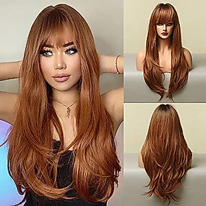 BAACHE Auburn Wig with Bangs Long Curly Wavy Wigs for Women Synthetic Ginger Wig for Daily/Party Cosplay