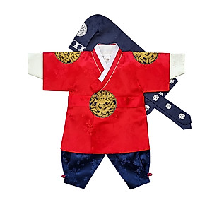 Korean Traditional Clothing Hanbok Boy Baby 100th Days First Birthday Dol Party Celebrations Red 1-10 Ages BDGH03 (100th days hanbok+hat)