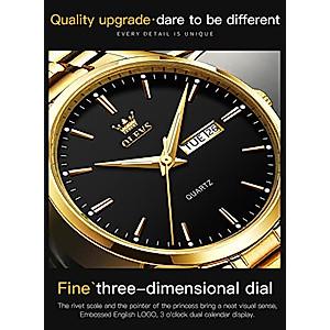 OLEVS Mens Gold Watches Analog Quartz Business Dress Watch Day Date Stainless Steel Classic Luxury Luminous Waterproof Casual Male Wrist Watches Black Face