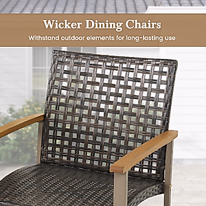 Tangkula Patio Dining Chairs Set of 4, Outdoor PE Wicker & Heavy-Duty Metal Chairs with Acacia Wood Armrests, Outdoor Rattan Armchairs for Garden, Backyard, Poolside, Balcony (Mix Brown)