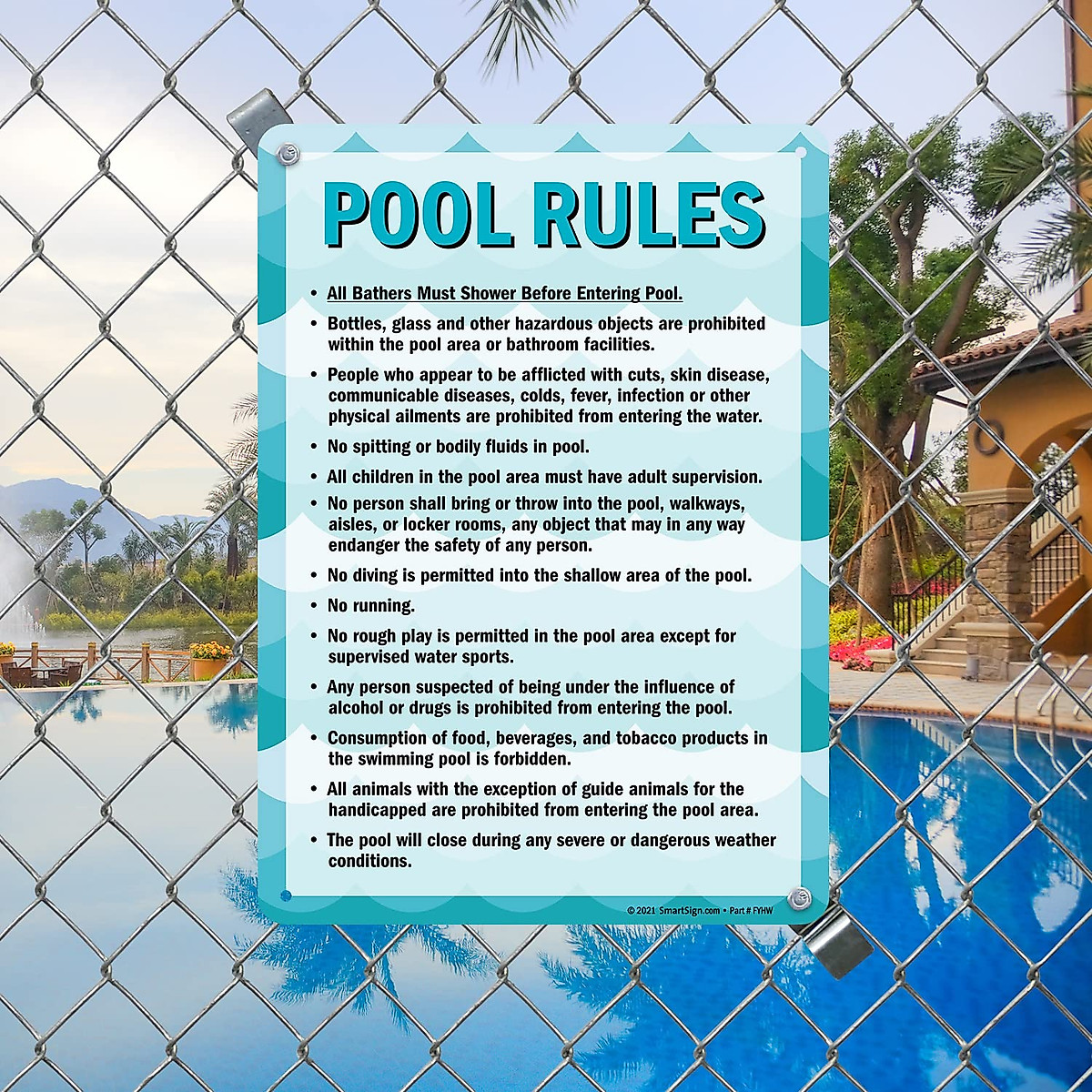 SmartSign 14 x 10 inch “Pool Rules - Shower Before Entering, Glass Prohibited, No Spitting…” Metal Sign, Screen Printed, 40 mil Laminated Rustproof Aluminum, Blue, Black and White, Made in USA