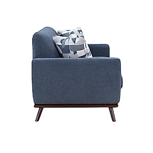 Benjara Keto 70 Inch Loveseat, Chenille, 2 Throw Pillows, Solid Wood, Blue and Brown