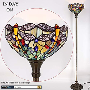 WERFACTORY Tiffany Floor Lamp Sea Blue Yellow Stained Glass Dragonfly Light 12X12X66 Inches Pole Torchiere Standing Corner Torch Uplight Decor Bedroom Living Room Home S128 Series