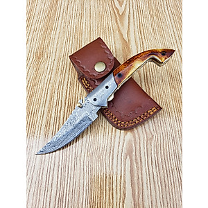 CLOUD KILT Handmade Pocket Folding Knife With Leather Sheath Premium Quality Best Hunting Gear Pocket Knives Gifts For Men (Camel Burn Bone)