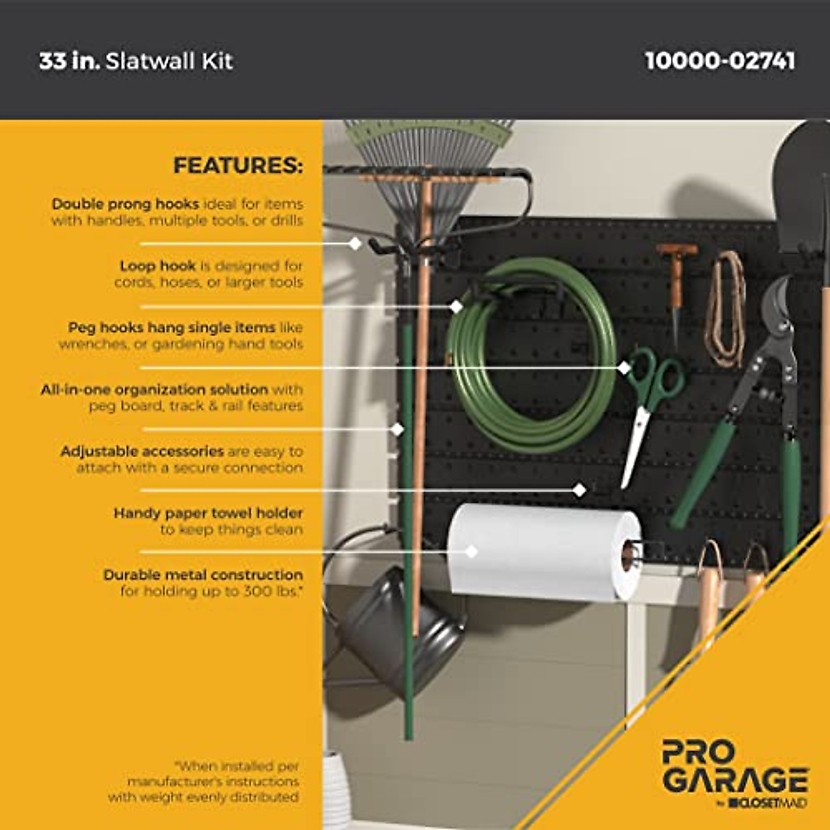 ClosetMaid ProGarage Slatwall Hang Track Kit, 33 in. W with Peg Board Hooks, Hangers, Paper Towel Holder, Garage Organizer System, Black