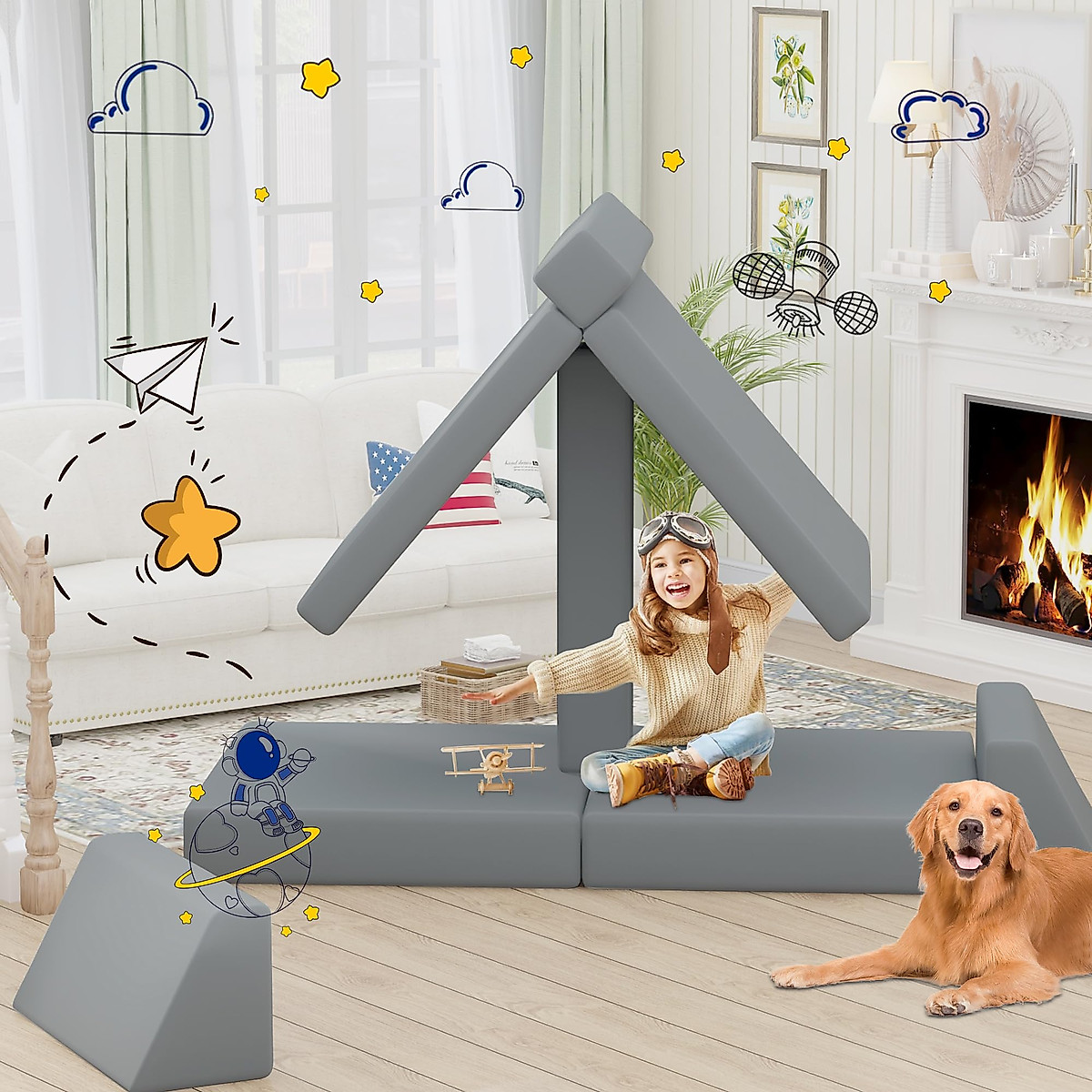 SENSWEET Kids Couch 8PCS, Modular Couch Kids for Playroom Bedroom, Multifunctional Kids Couch Toddler Sofa for Indoor Outdoor,Style1,Medium