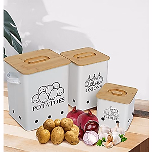 Gdfjiy Kitchen Canisters Set, Storage Bin for Potato Onion & Garlic, 3 Pack Set Countertop Pots Containers with Wooden Lid - Potato Storage, Garlic Bin, Onion Keeper Tin with Aerating Holes-White