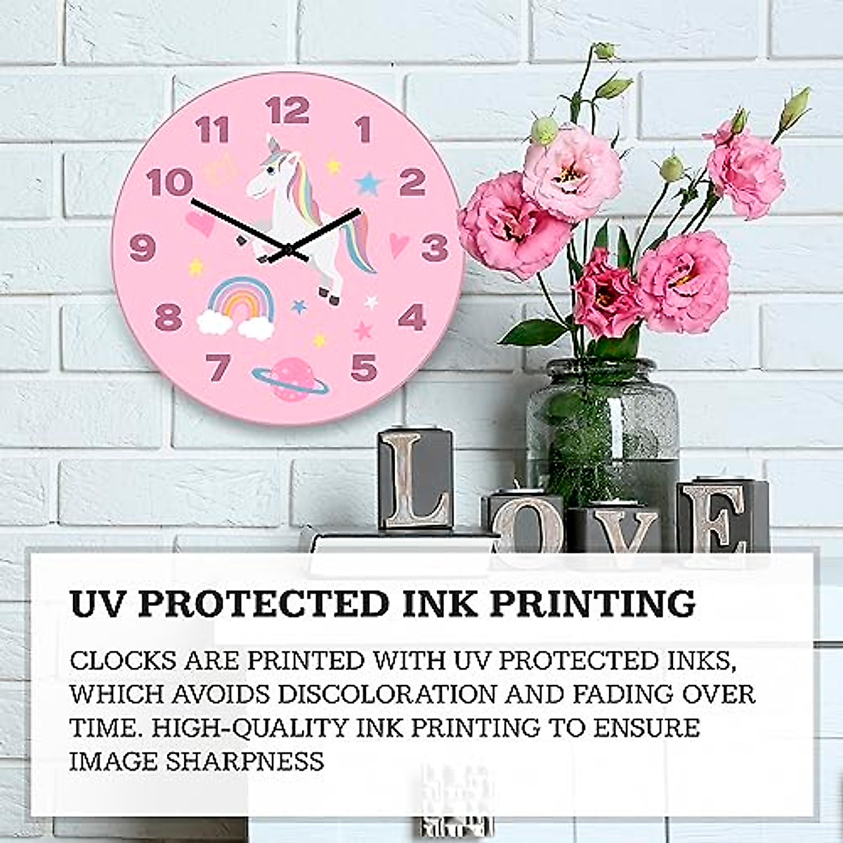 Soul Decor Pink Unicorn and Rainbow Wall Clock, Silent Non-Ticking, Girl/Boy Room Unisex Clock for Children Bedroom Decor, Made in The USA 12 Inch Round