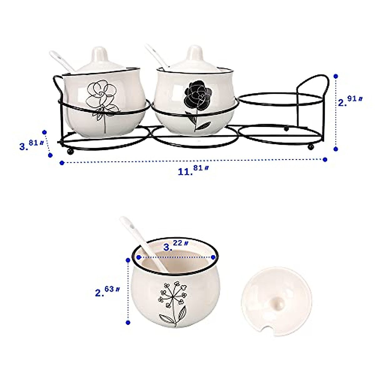 Ceramic Spice & sugar Jars, with Lids Spoons and Shelf,Porcelain Condiment Kitchen Jar Spice Container Set, 230 ML,3 Pcs