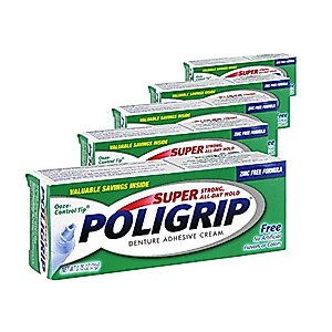 (5 Pack) Super Poligrip Denture Adhesive Cream - Strong, All-Day Hold - Zinc Free - No Artificial Flavors or Colors - 0.75 oz. ea.