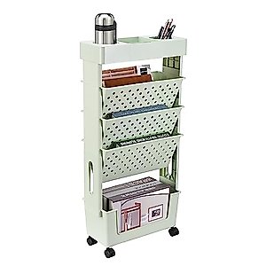 5 Tier Book Rack Storage Bookshelf, Movable Bookshelf Multilayer Capacity Rotatable Removable Plastic Practical Rolling Organization Shelf with Wheel, Bookshelves for Kids Students Study (Green)