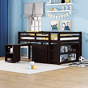 Low Full Loft Bed with Desk and Dresser Wood Kids Loft Beds Frame with Cabinet & Storage Shelves & Rolling Portable Desk for Juniors, Teen, Boys, Girls, Full Size, Espresso